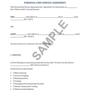 Personal Chef Contract | Editable Word & PDF | Meal Prep Service ...