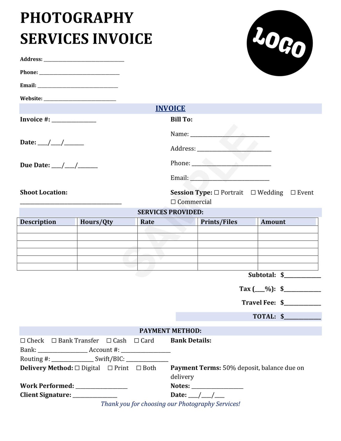 Photography Invoice Template Receipt Custom Logo | Editable in Word and ...