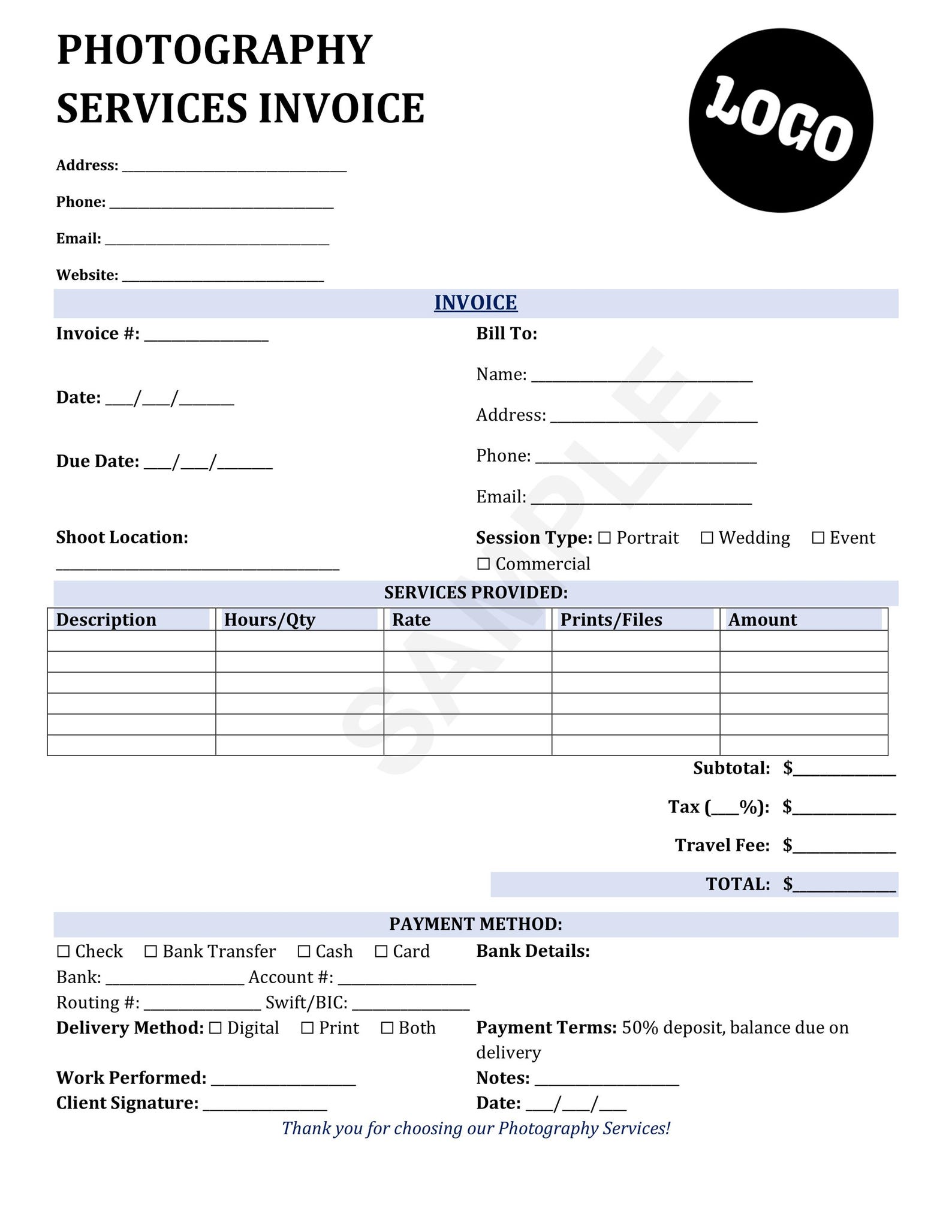 Photography Invoice Template Receipt Custom Logo | Editable in Word and ...