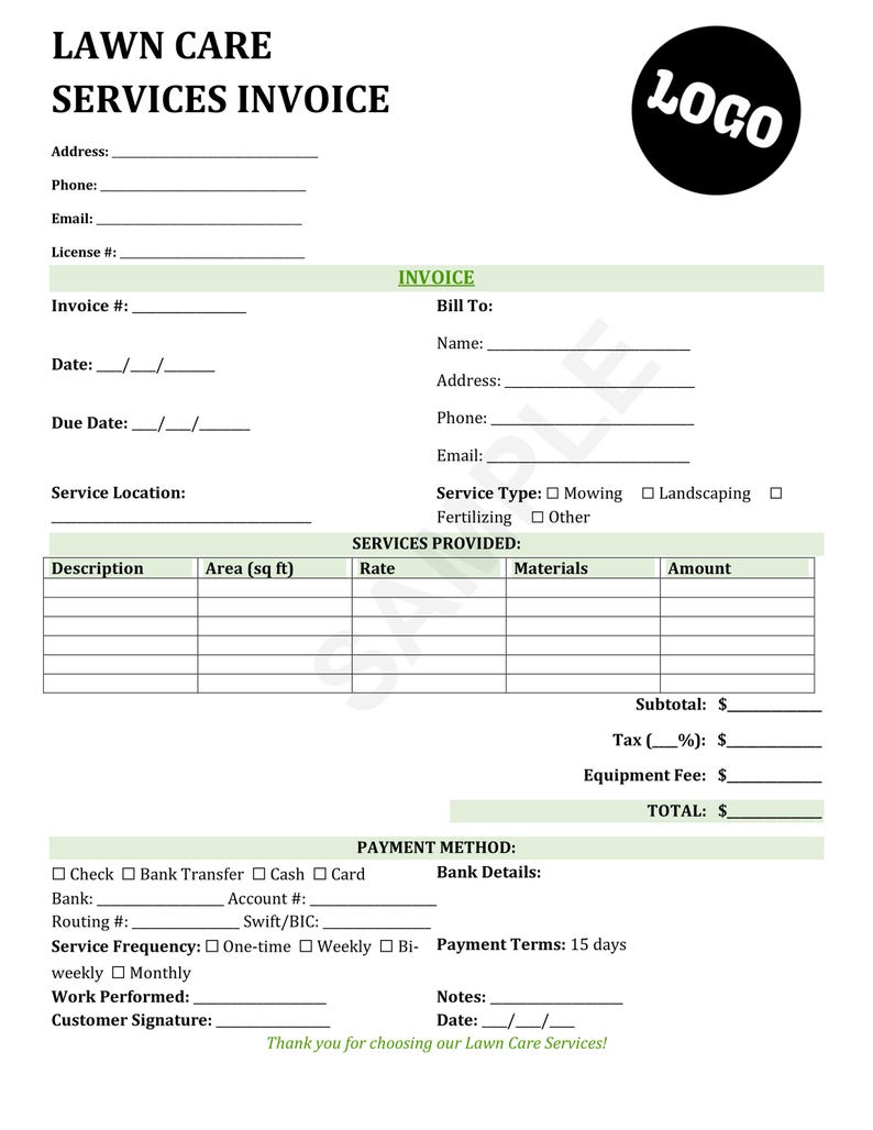 Lawn Care Services Invoice Template Receipt Custom Logo | Editable in ...