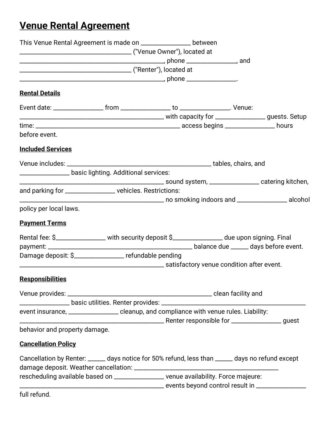 Venue Rental Agreement Template, Event Space Contract, Party Location ...