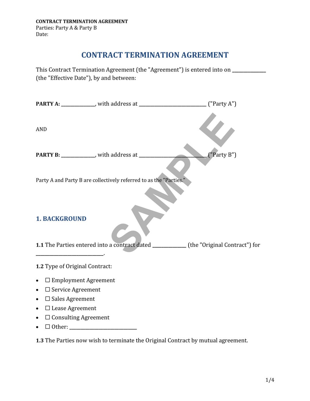 Contract Termination Agreement | Editable Word & PDF | End of Contract ...