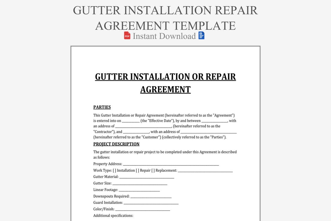 Gutter Installation or Repair Agreement Template. Printable Rain System Service Form. Editable ...