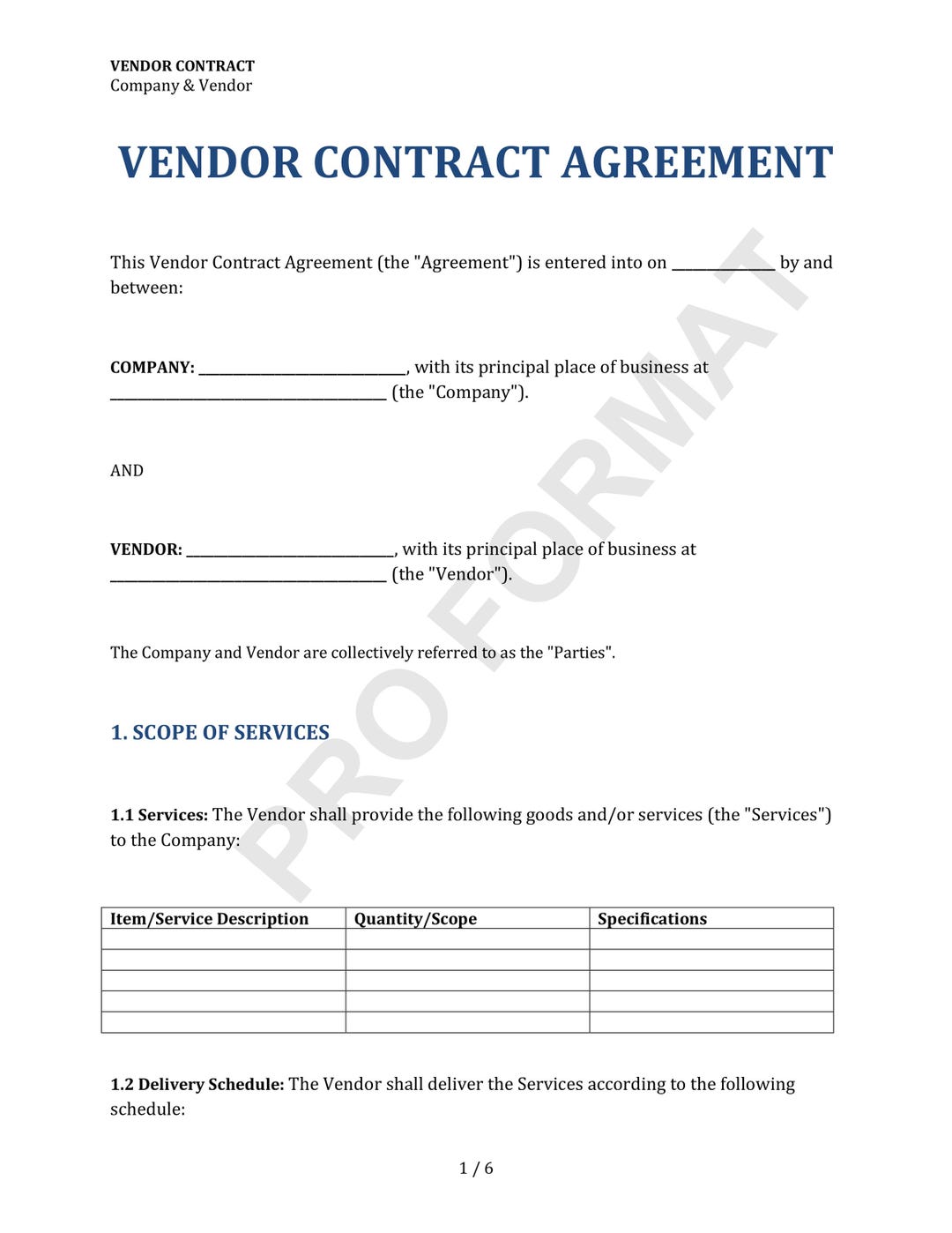Contract for Vendors Template, Vendor Agreement, Supplier Contract ...