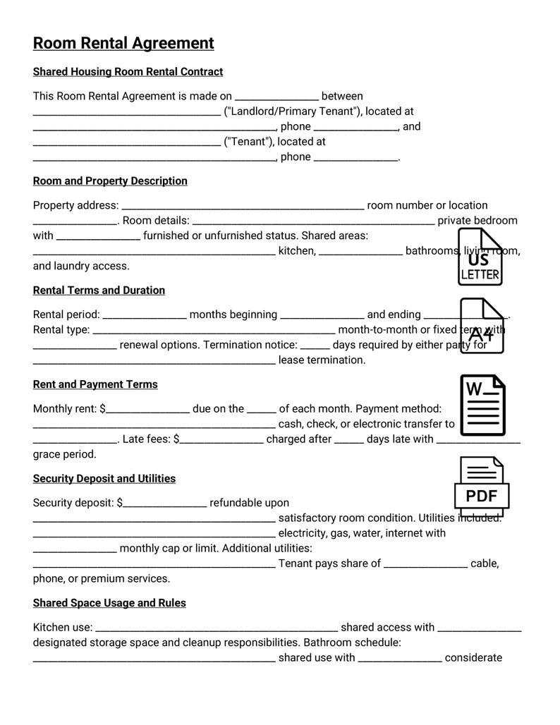 Room Rental Agreement Template, Shared Housing Contract, Boarder ...