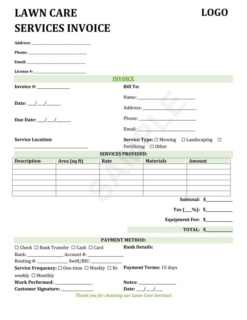 Lawn Care Services Invoice Template Receipt Custom Logo | Editable in ...