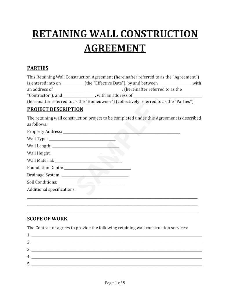 Retaining Wall Construction Agreement Template. Outdoor Build Contract ...