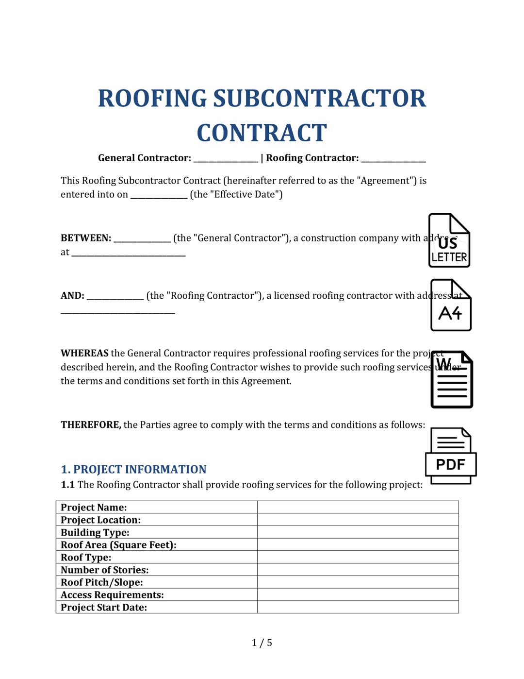 Roofing Subcontractor Contract Template Word PDF - Construction Trade ...