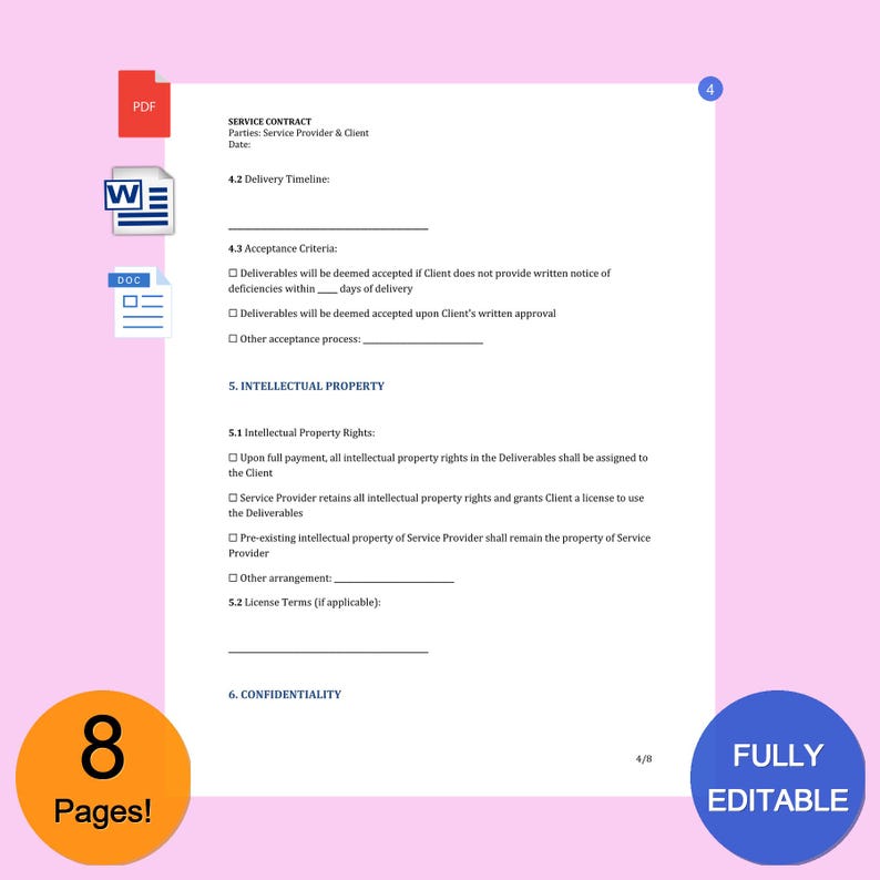 Printable Service Contract Template | Editable Work and Service ...