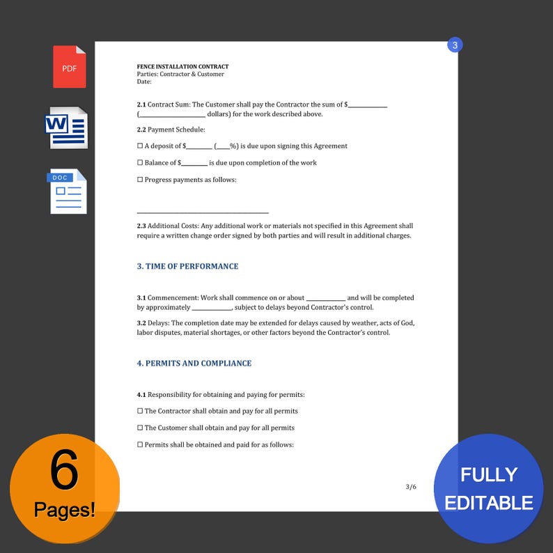 Fence Installation Contract Template - PDF Download - Etsy