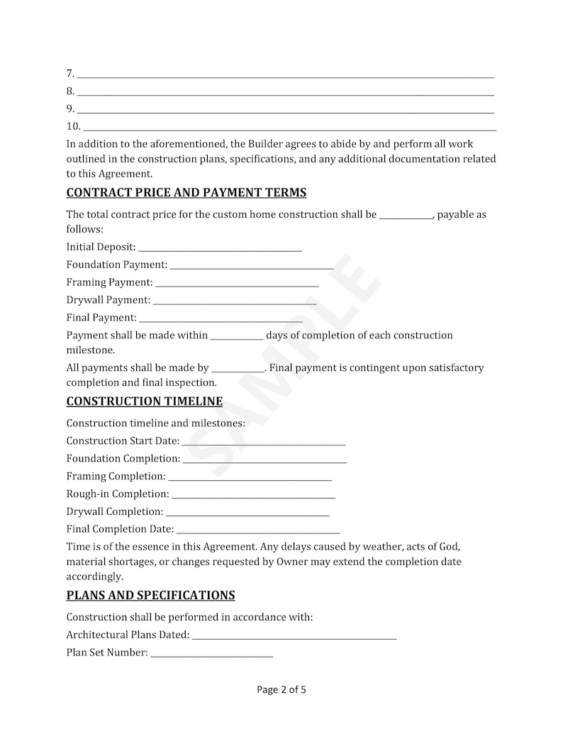Custom Home Builder Agreement. Printable Contractor Contract. Editable ...