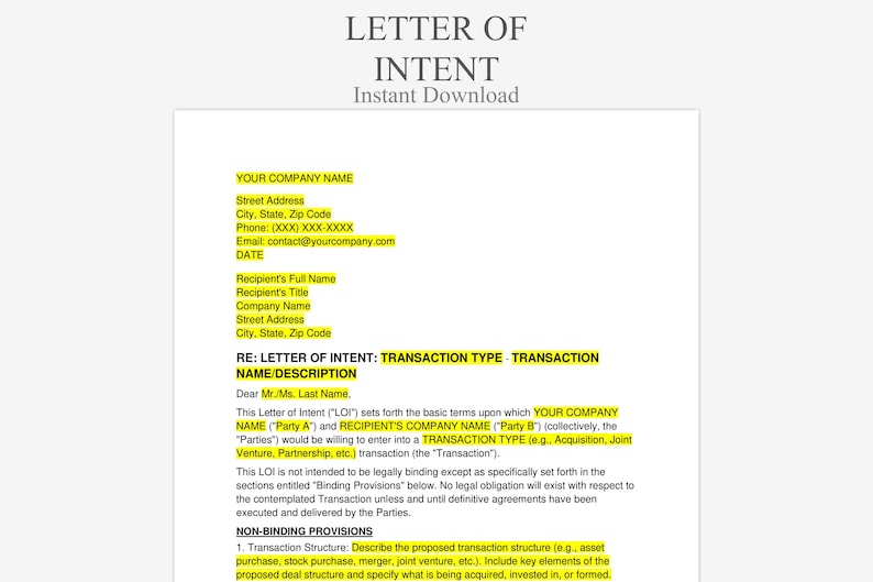 Letter of Intent (LOI) - Business Interest Template | Legal Forms ...