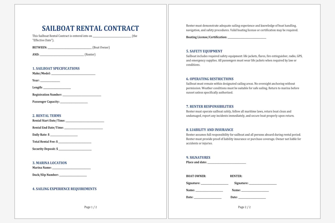 Sailboat Rental Contract Template. Printable Yacht Rental Agreement ...
