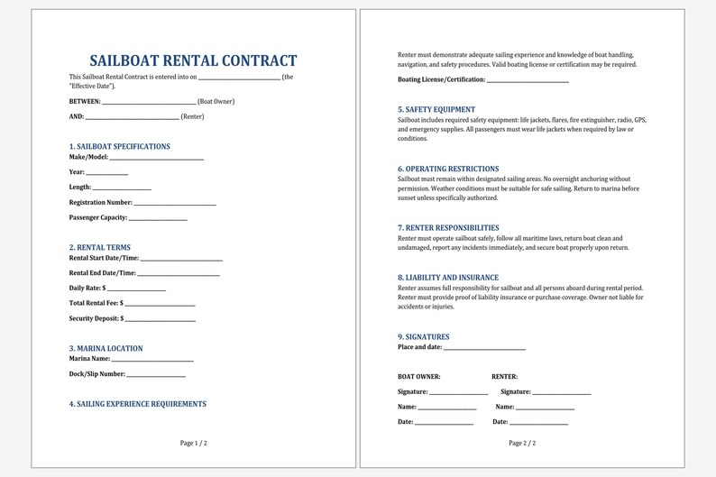 Sailboat Rental Contract Template. Printable Yacht Rental Agreement ...