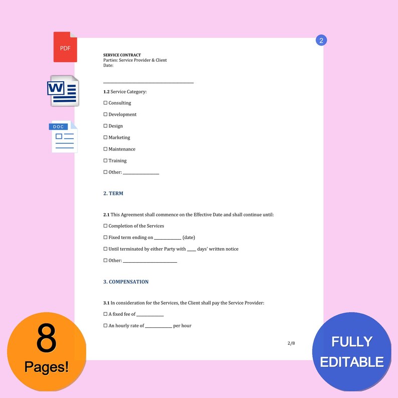 Printable Service Contract Template | Editable Work and Service ...