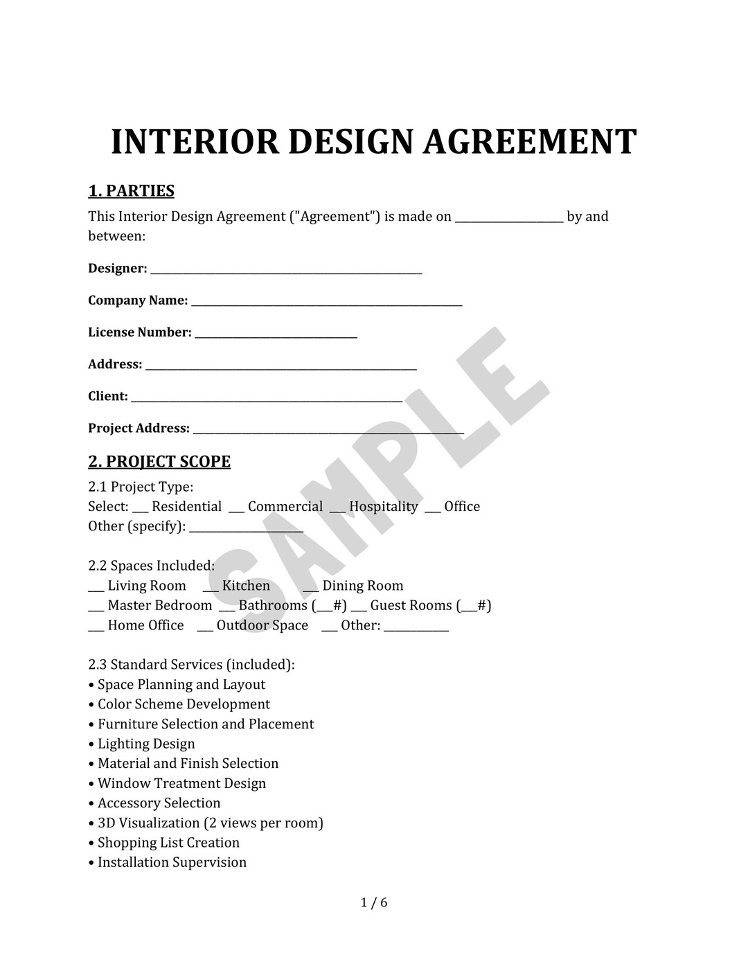 Pre Filled Interior Design Agreement - Decorating Contract Template ...