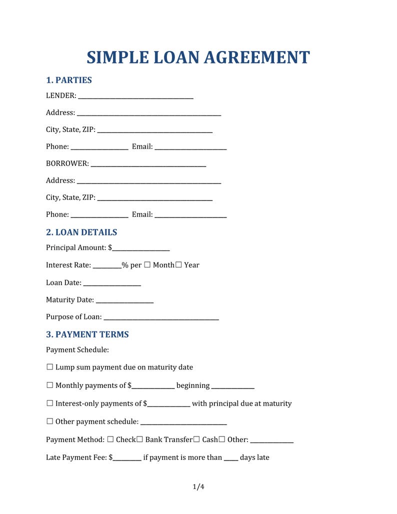 Simple Loan Agreement Template - Easy to Use Word & PDF - Customizable ...