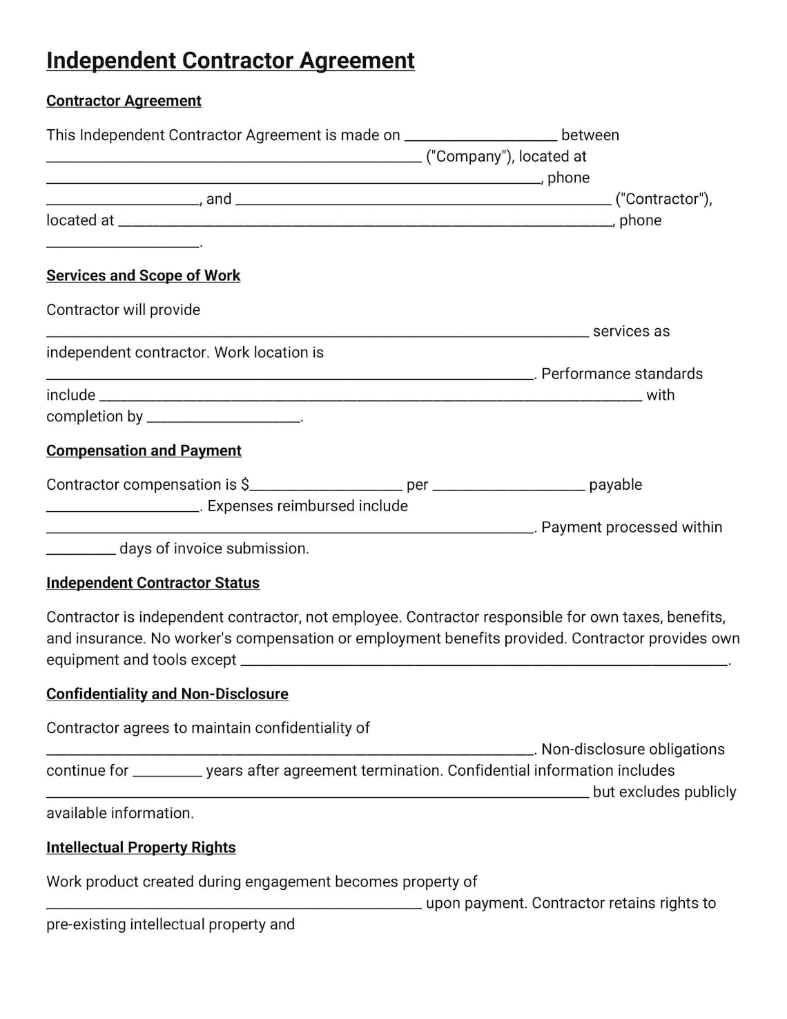 Independent Contractor Agreement Template, Freelance Work Contract ...