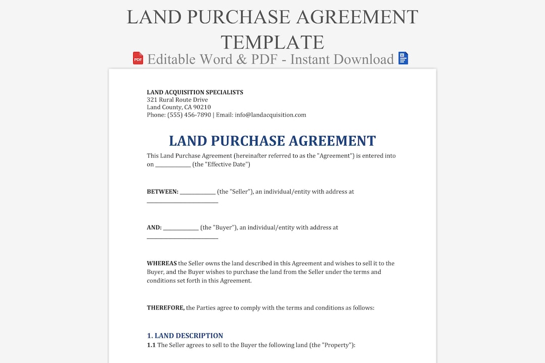 Land Purchase Agreement Template. Printable Property Contract. Editable ...