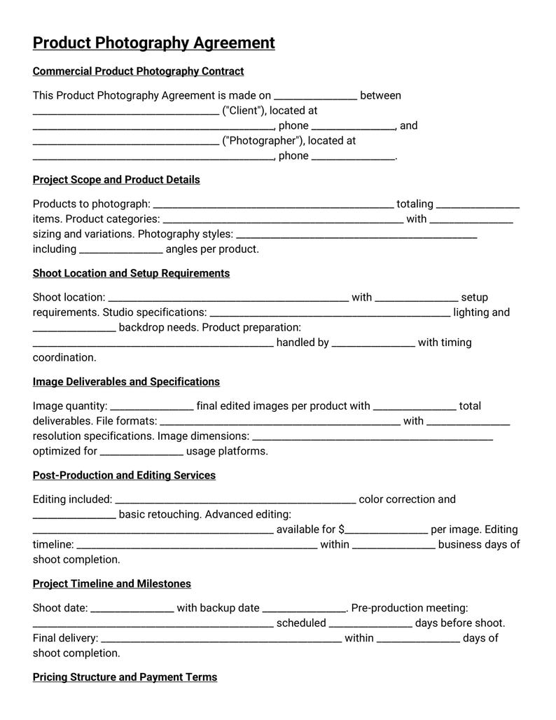 Product Photography Agreement Template, Commercial Photo Contract ...