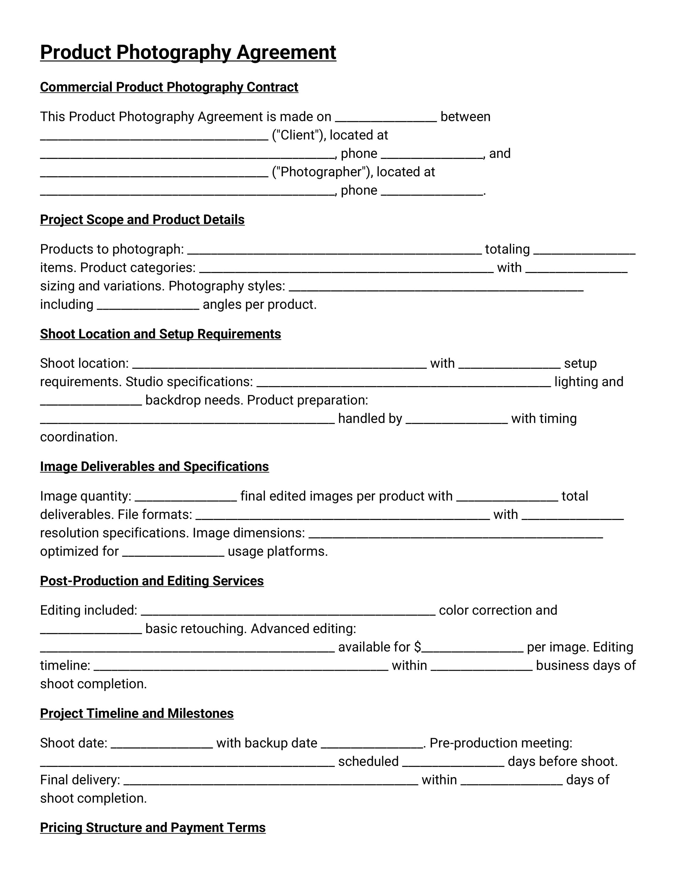 Product Photography Agreement Template, Commercial Photo Contract ...