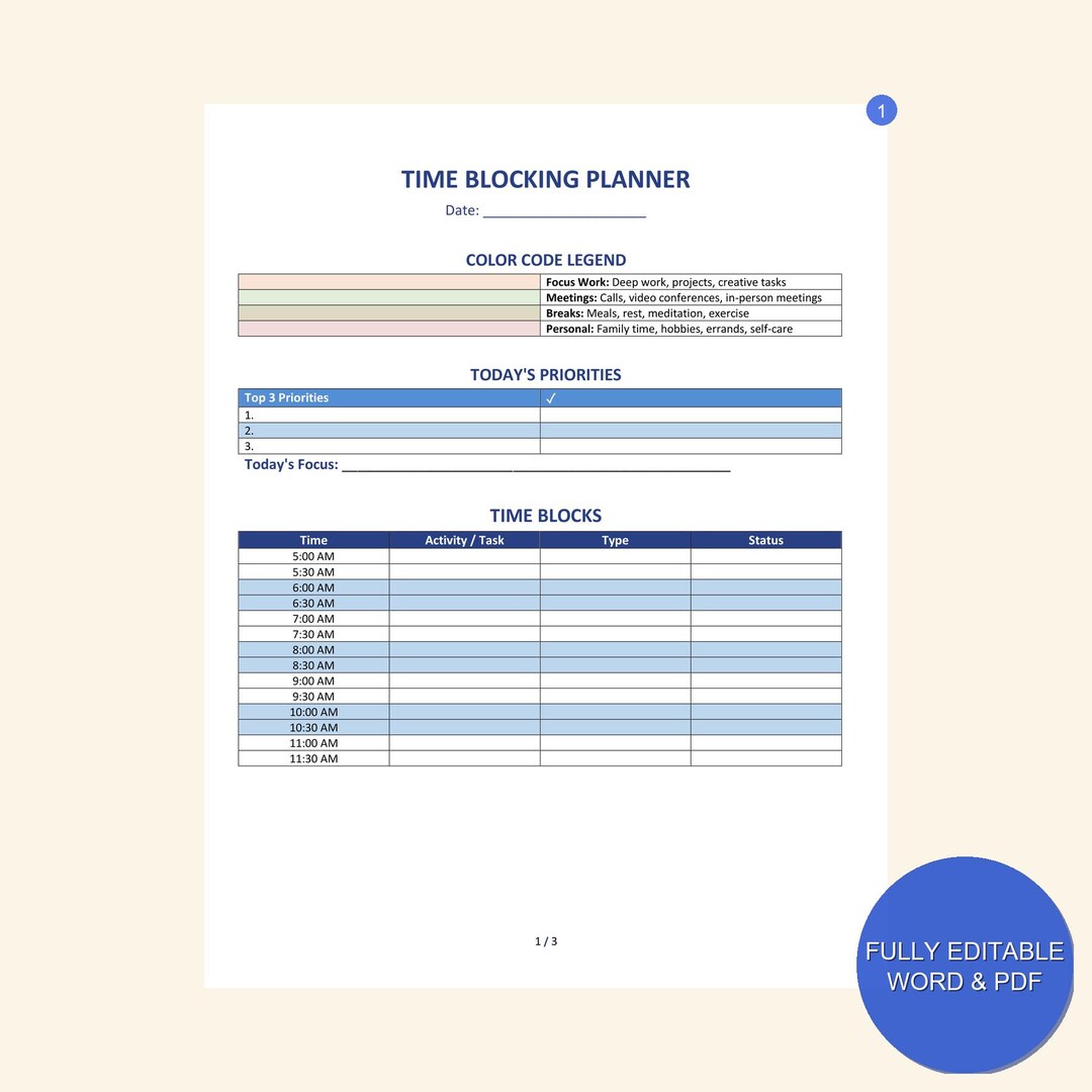 Time Blocking Planner Word and PDF, Daily Schedule Template | Printable ...