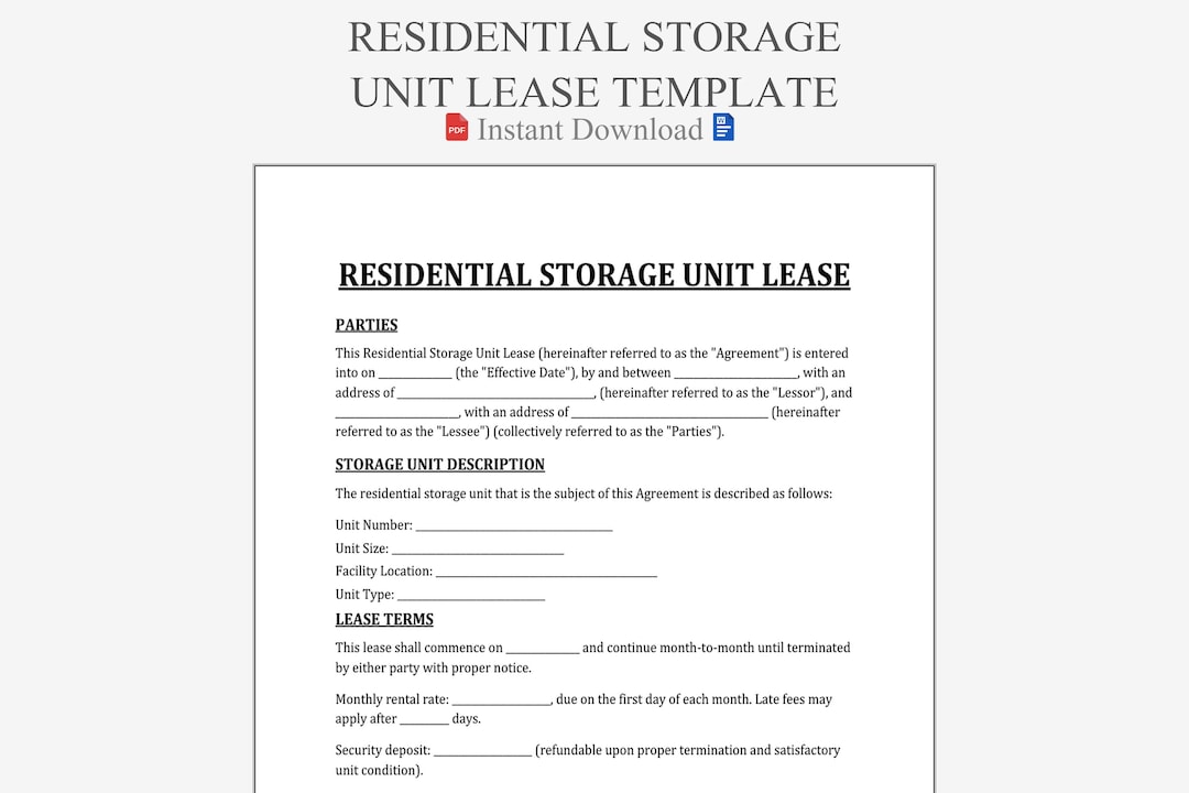 Residential Storage Unit Lease Template. Rent Agreement for Personal or ...