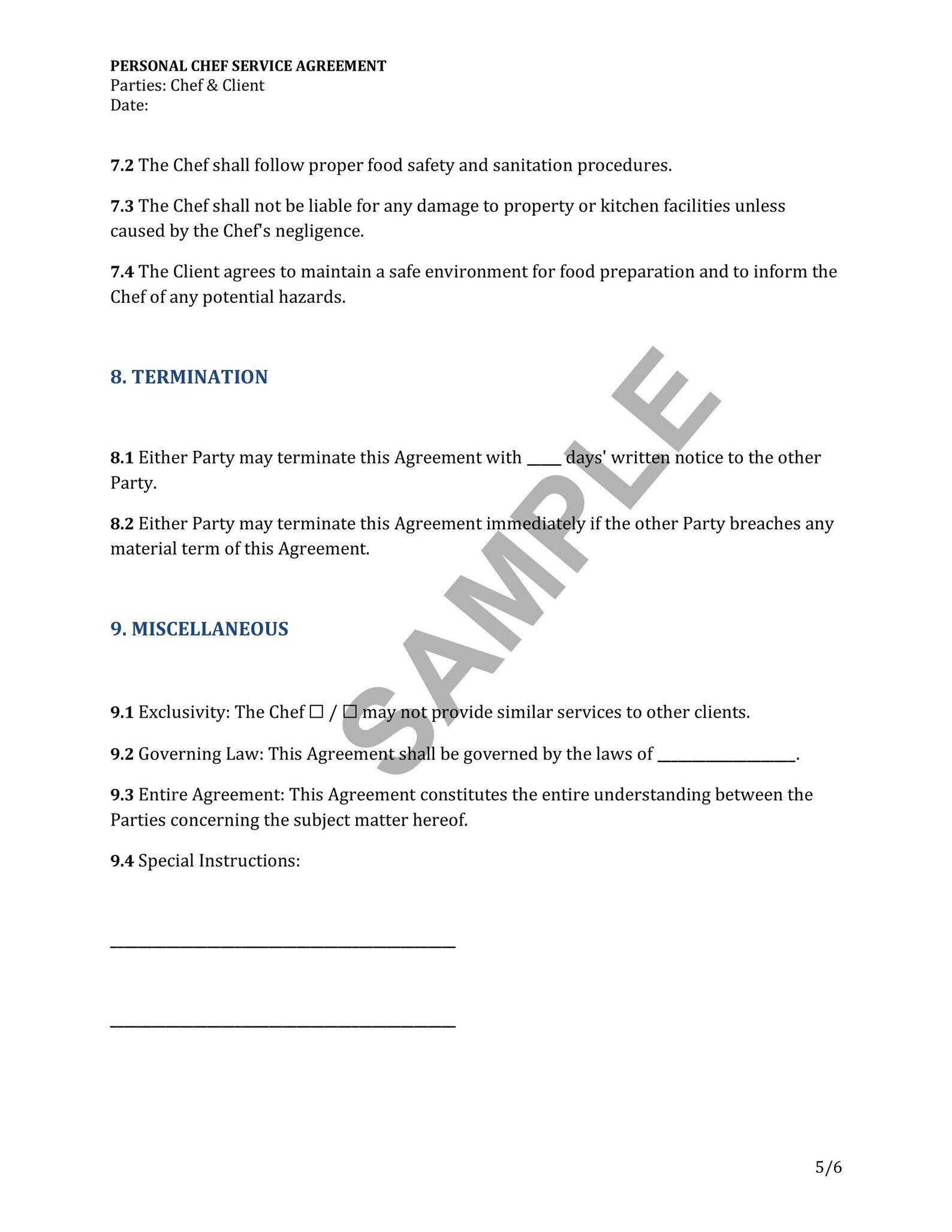 Personal Chef Contract | Editable Word & PDF | Meal Prep Service ...
