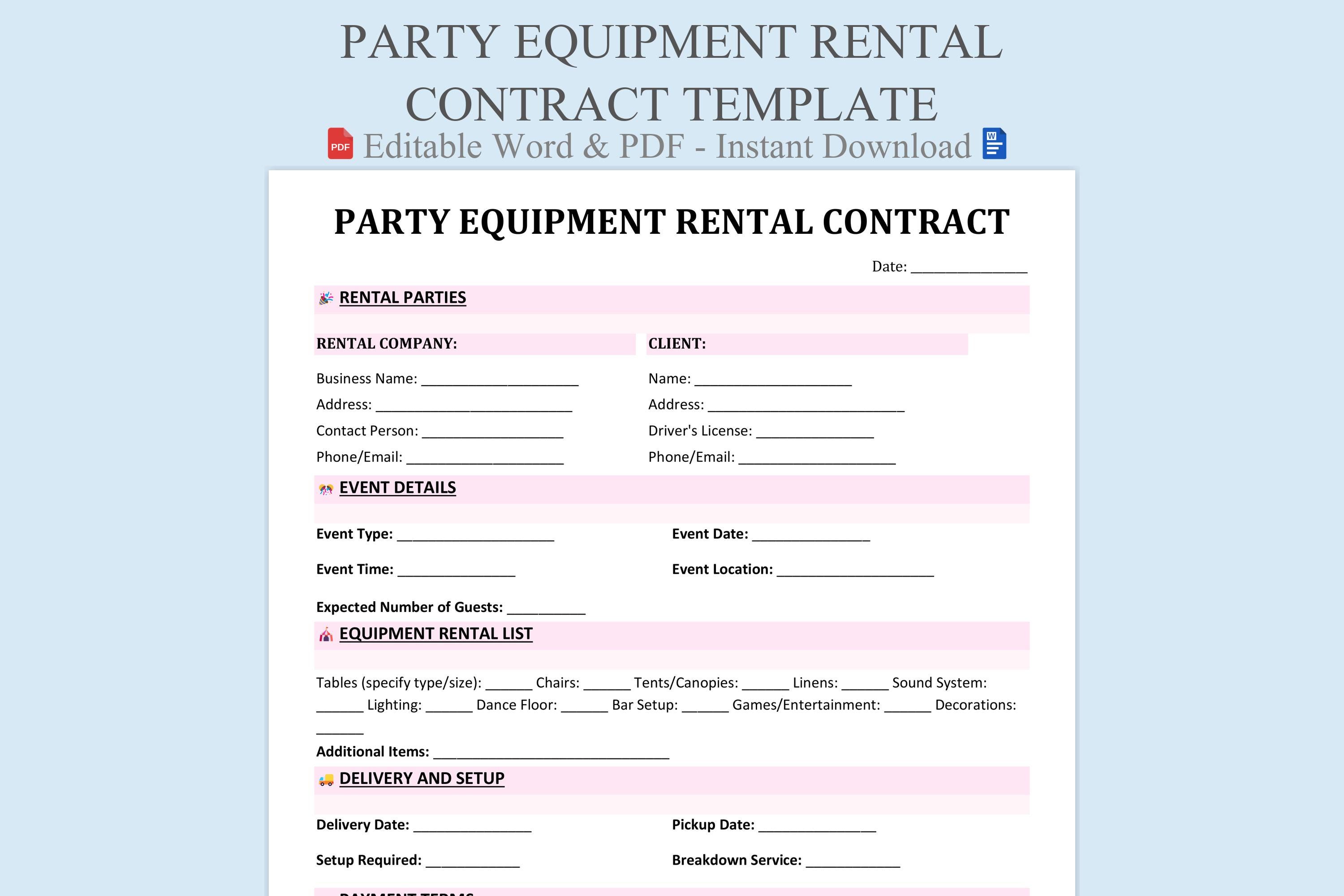 Party Equipment Rental Contract Template - Etsy