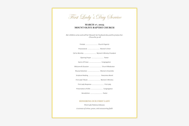 First Lady Day Service Program Template - Pastor's Wife Honor Sample ...