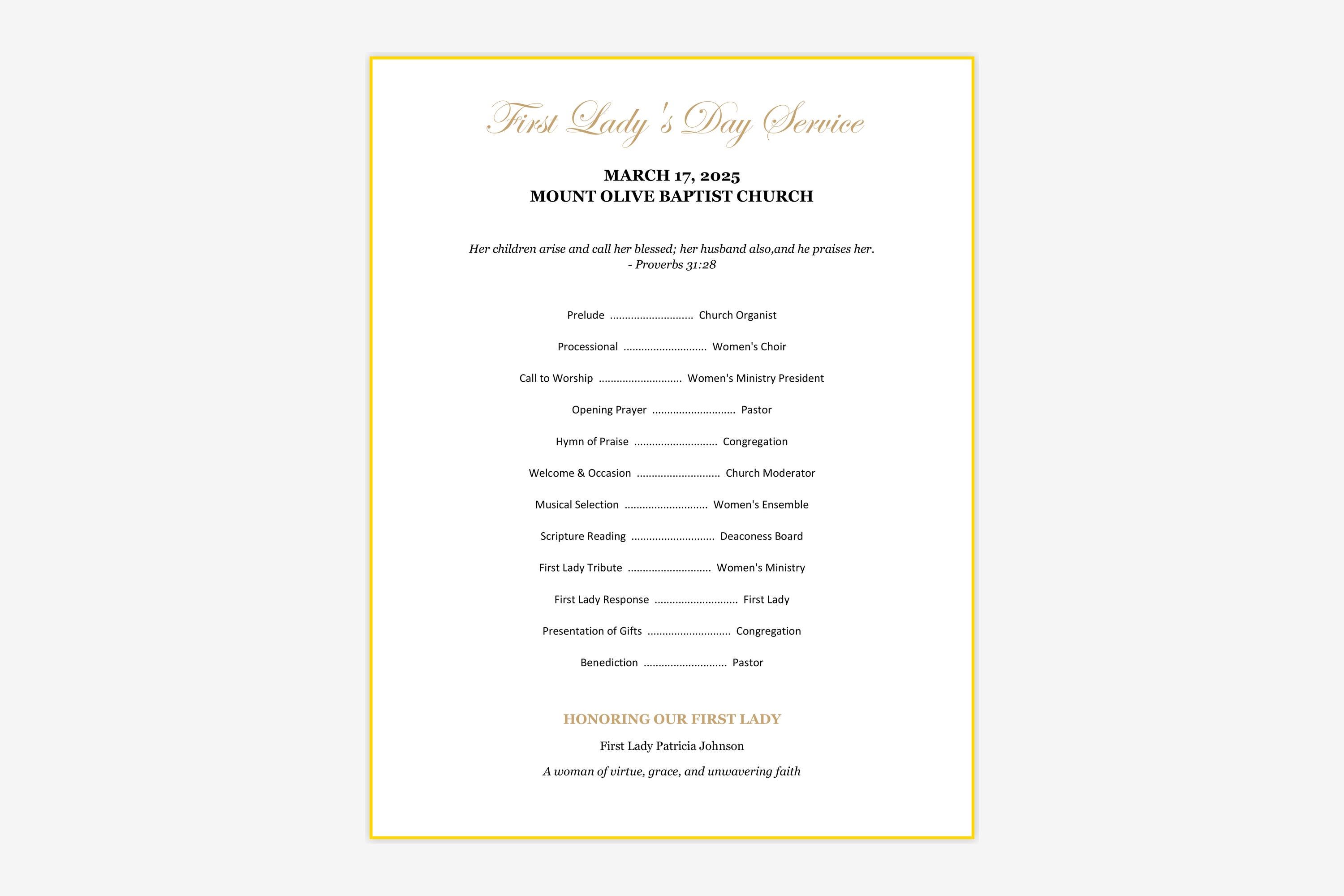 First Lady Day Service Program Template - Pastor's Wife Honor Sample ...