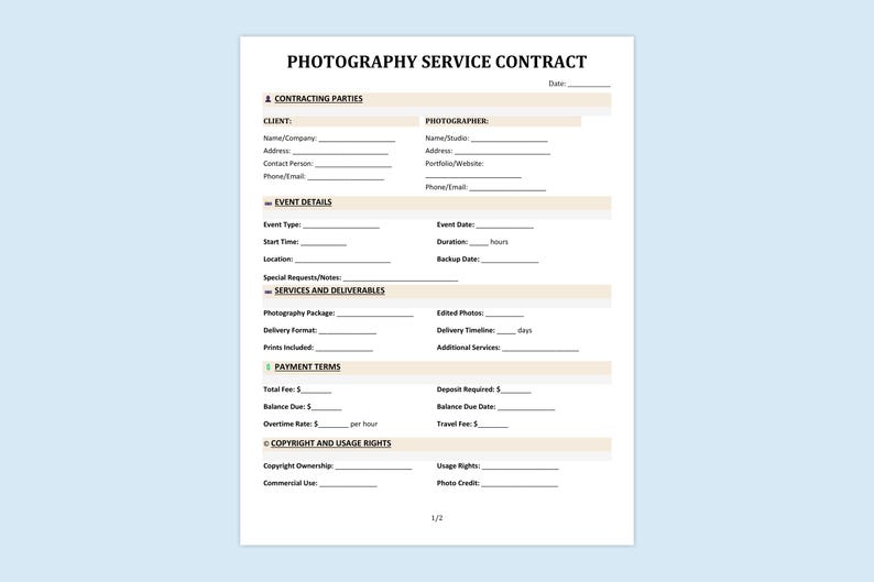 Editable Photography Contract Template - Etsy