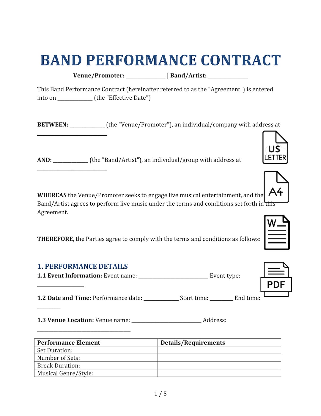 Band Performance Contract Template Word PDF - Music Show Agreement ...