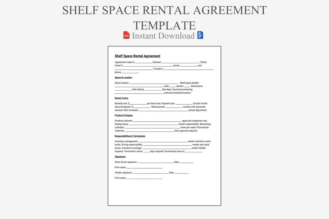 Shelf Space Rental Agreement Template - Word Pdf Formats - Etsy
