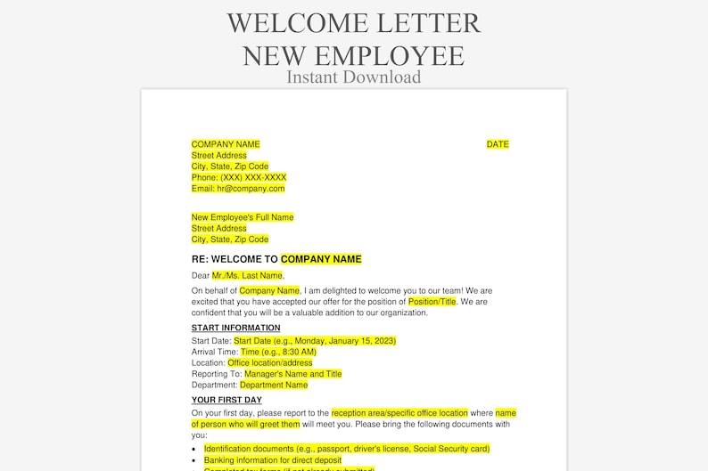 Welcome Letter to New Employee - Onboarding Template | HR Forms ...