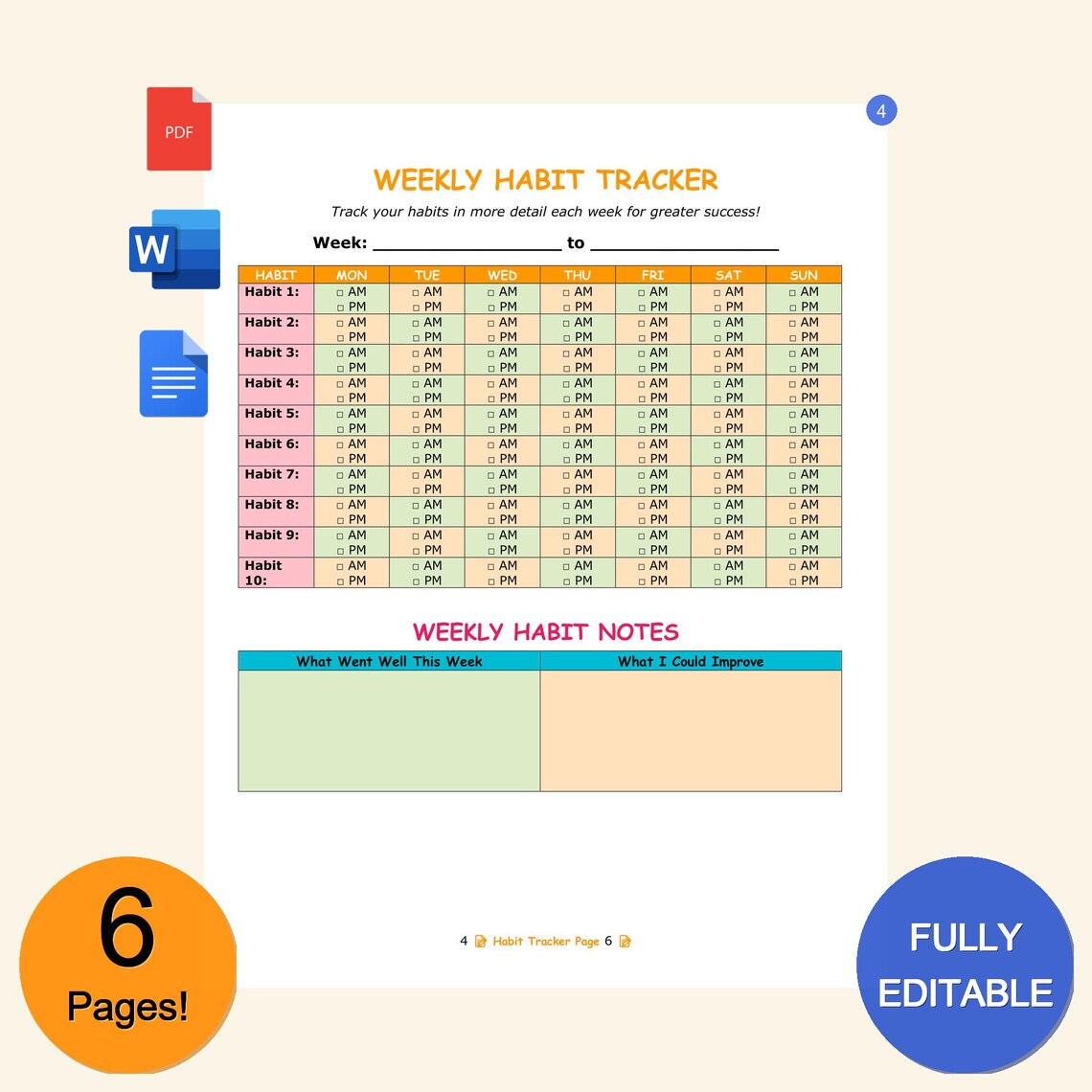 Habit Tracker Planner Template | Editable in MS Word & PDF | Planner ...