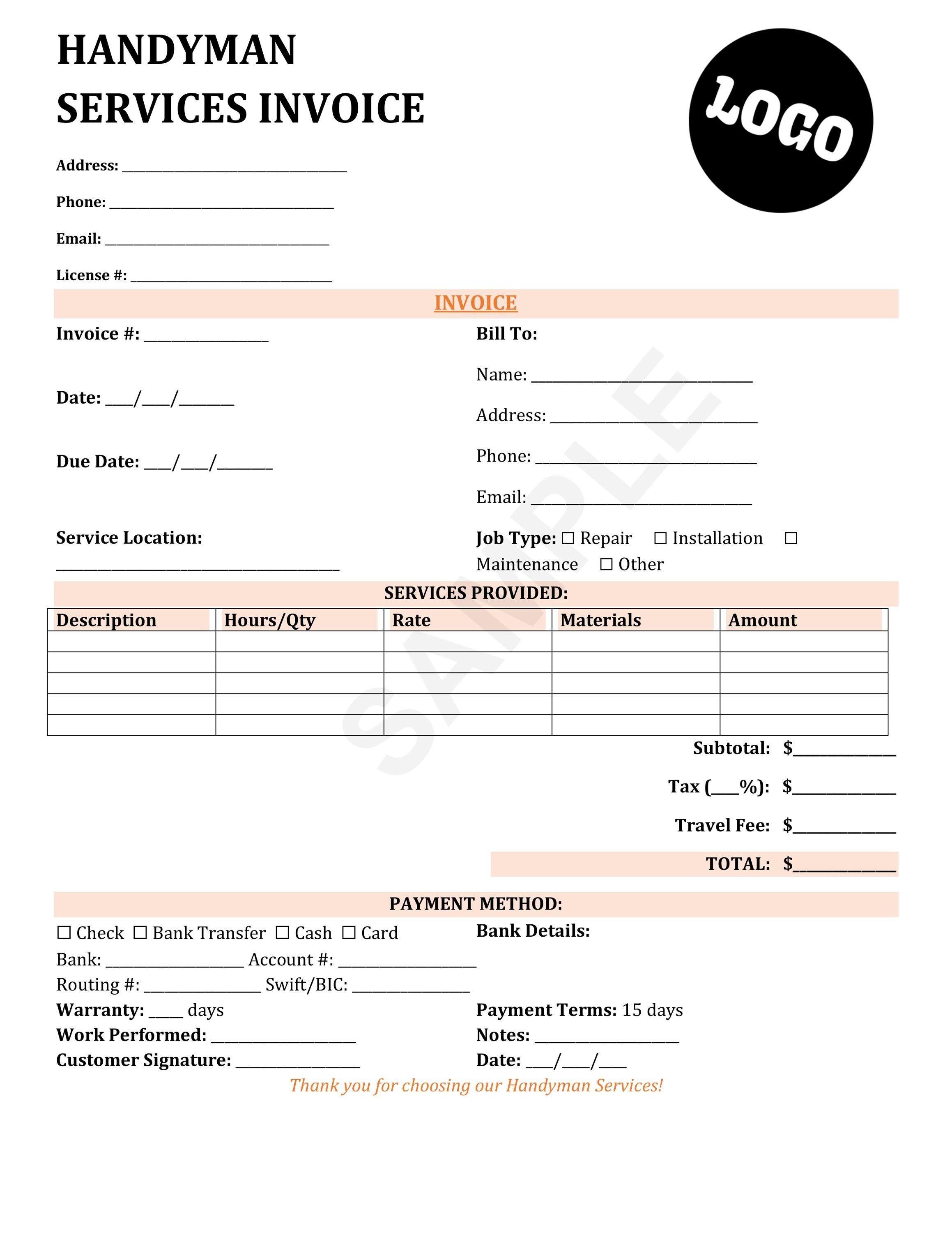 Handyman Services Invoice Template Custom Logo | Editable in Word and ...