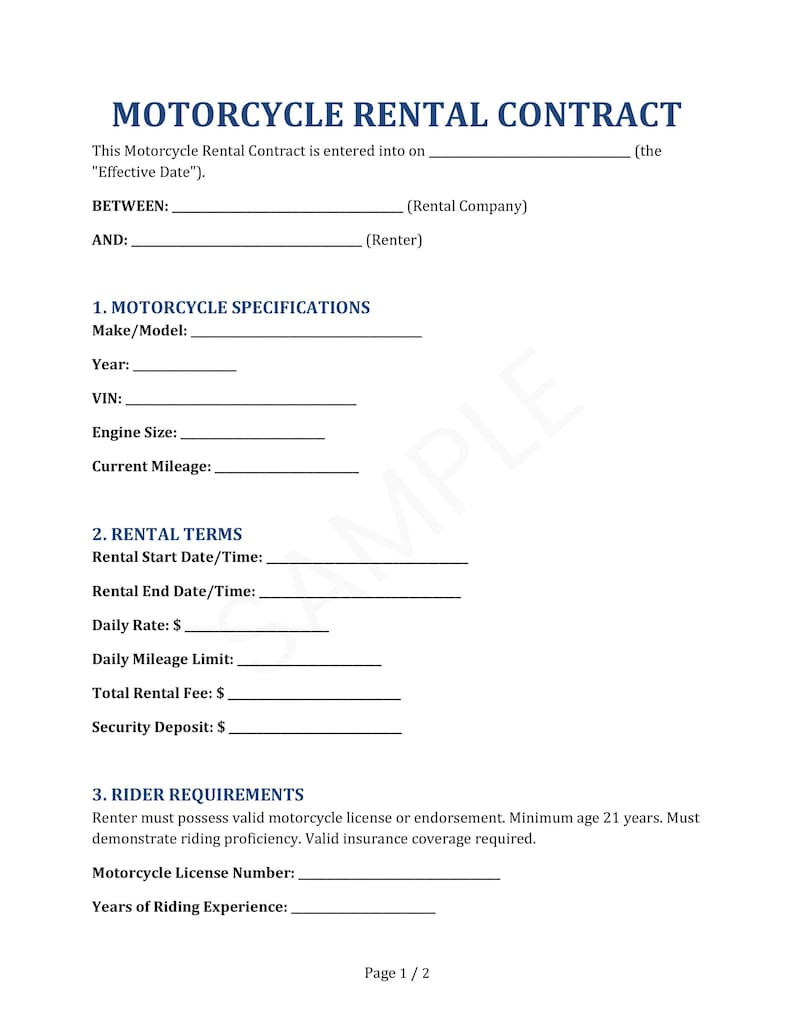 Simple Motorcycle Rental Contract Template. Printable Bike Rental ...