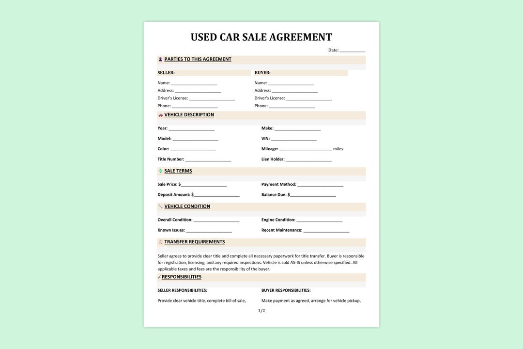 Printable Used Car Sale Agreement Template. PDF & Word Download. - Etsy