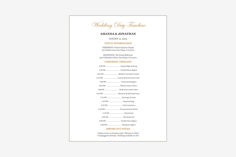 Champagne Wedding Schedule Template Editable in Word | Wedding Day ...