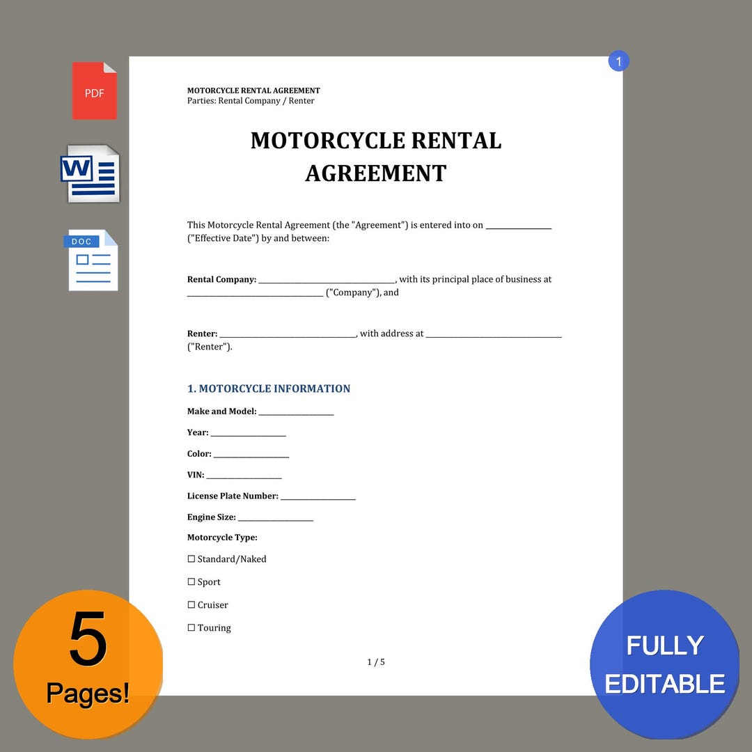 Motorcycle Rental Agreement Template - PDF & Word Download - Etsy