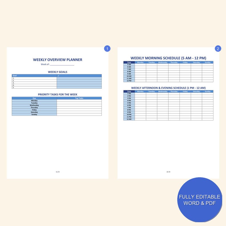 Weekly Overview Planner, Schedule Template | Printable & Editable ...