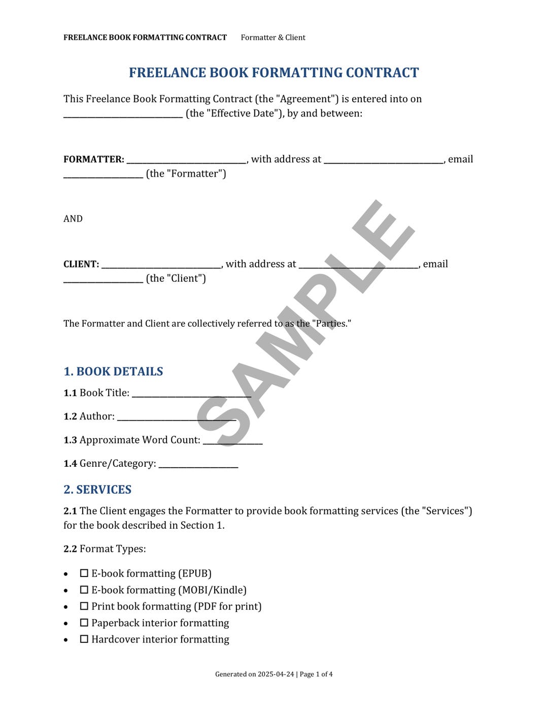Book Formatting Contract | Editable Word PDF | Author Publishing ...