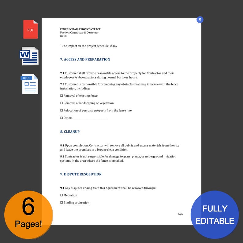 Fence Installation Contract Template - PDF Download - Etsy