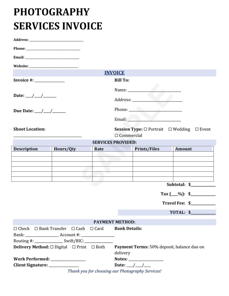 Photography Invoice Template Receipt Custom Logo | Editable in Word and ...