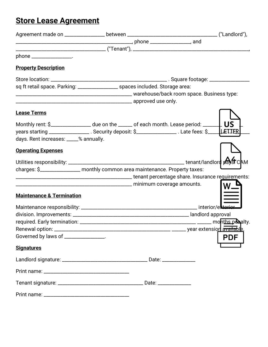 One Page Store Lease Agreement Template, Shop Rental Contract, Retail ...