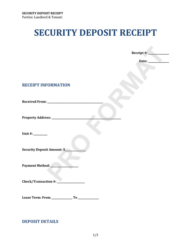 Security Deposit Receipt Form Template - Etsy