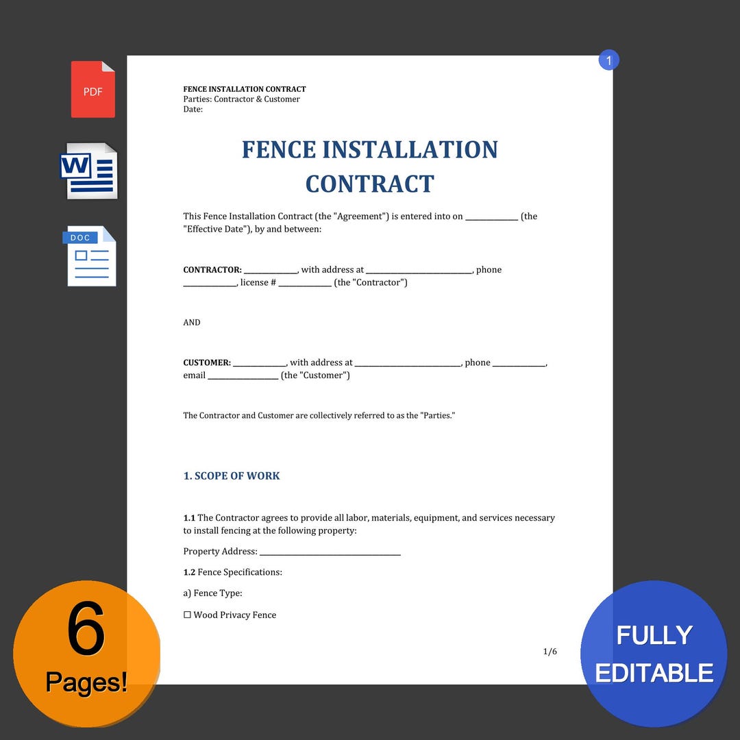 Fence Installation Contract Template - PDF Download - Etsy