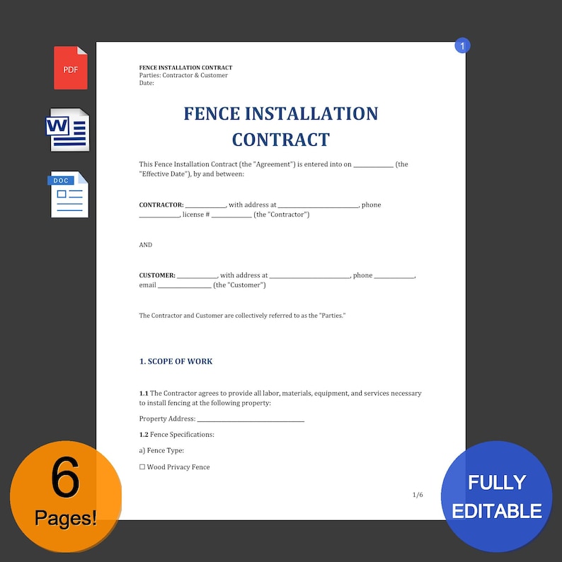 Fence Installation Contract Template - PDF Download - Etsy