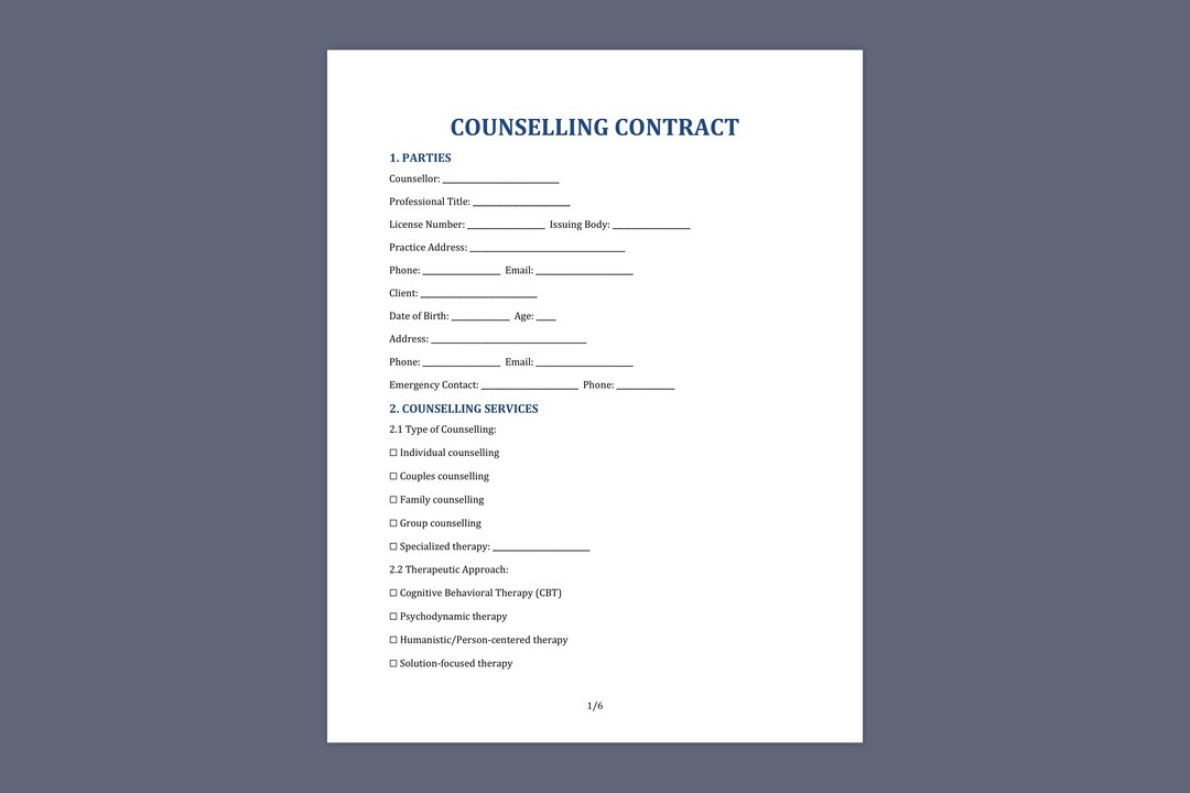 Counseling Service Agreement Template | Therapy Contract Sample ...